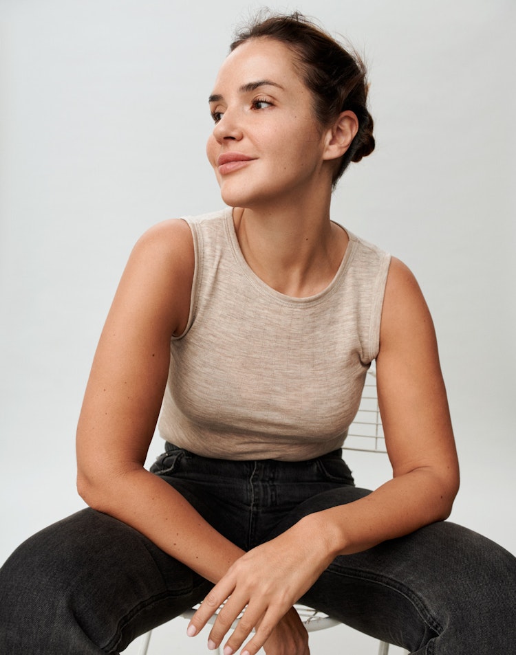 Women's merino wool/silk pointelle tank top - Oatmeal - Dilling