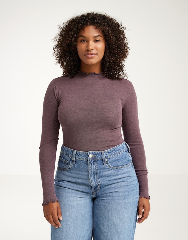 Women's merino wool/silk pointelle high neck top - Free - Dilling