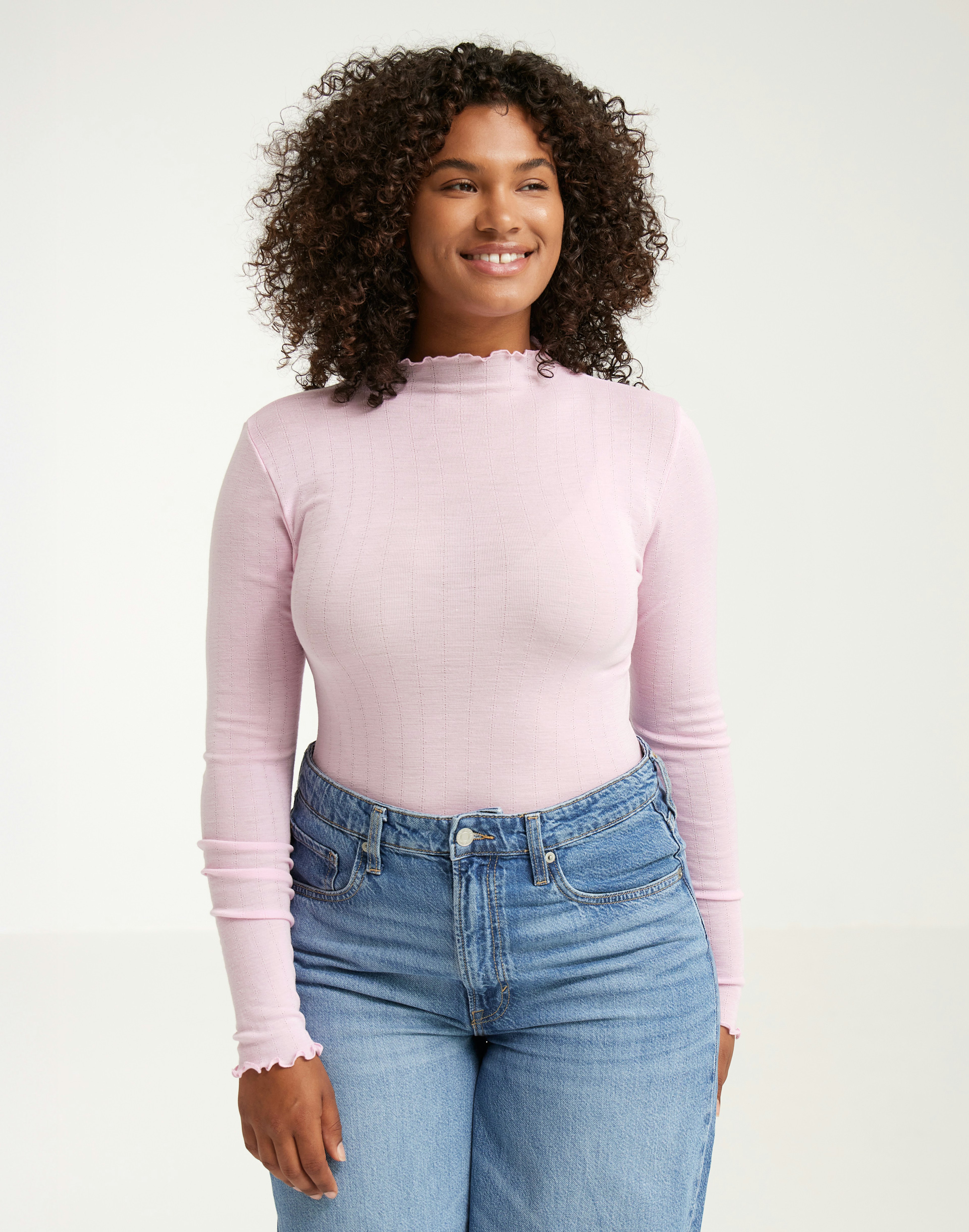 Women's merino wool/silk pointelle high neck top - Free shipping