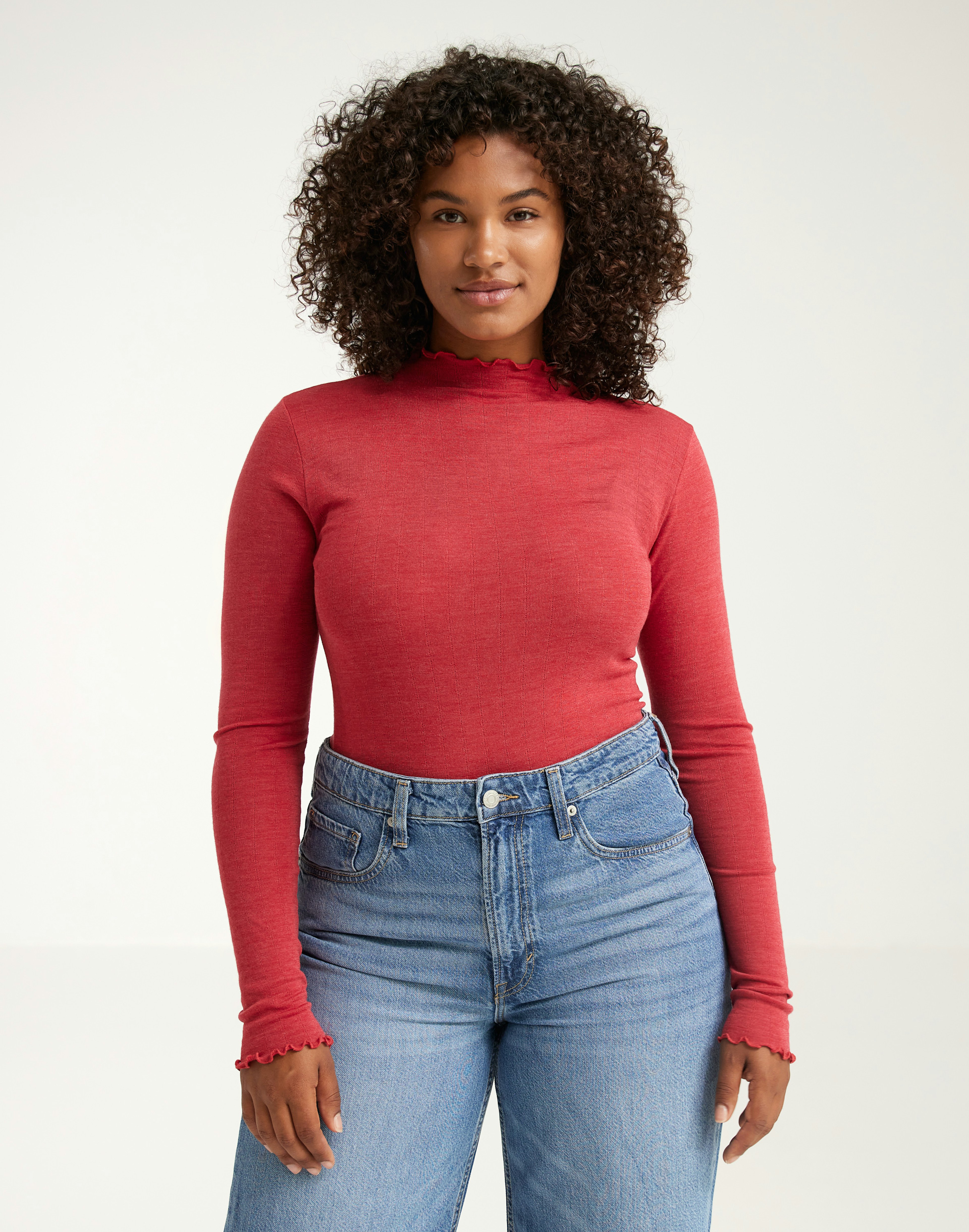 Women's merino wool/silk pointelle high neck top - Free shipping