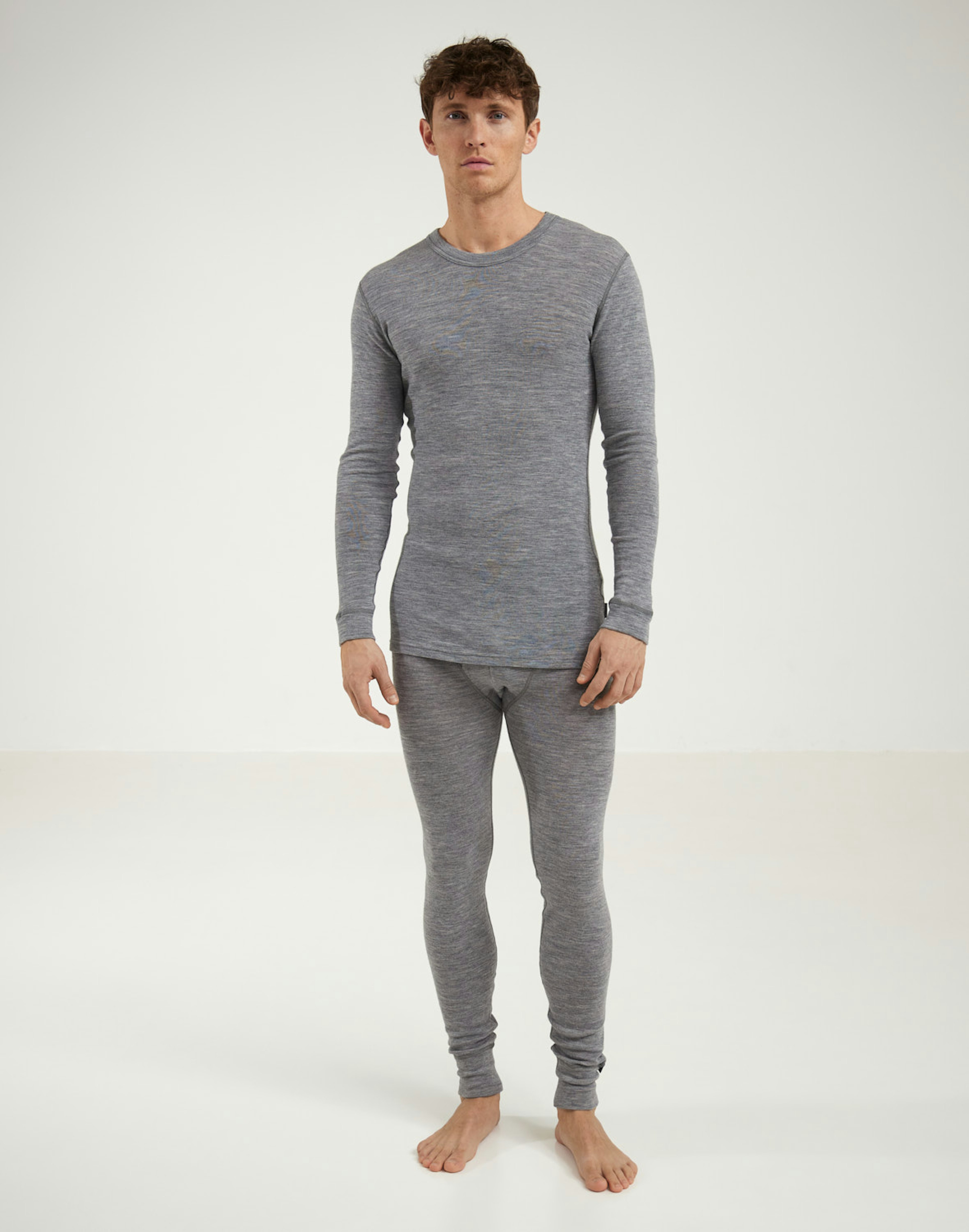 Men's merino wool long johns with fly - Grey melange