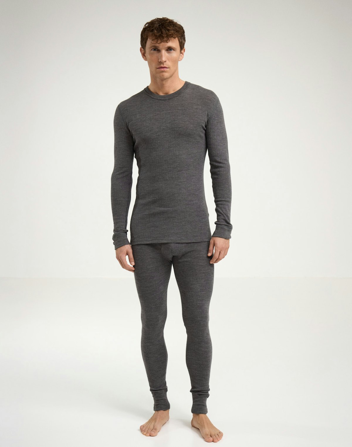 Men's merino wool long johns with fly - Dark grey melange